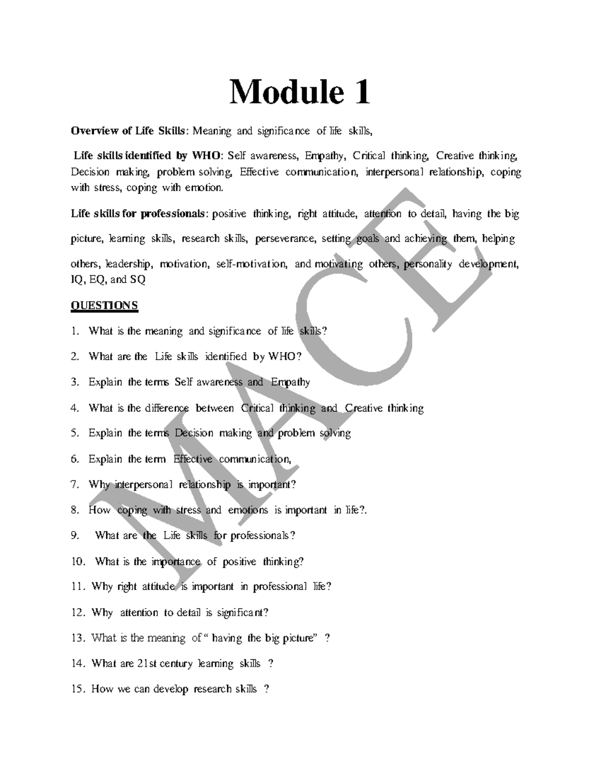 S1 Module 1- BC - Nothing - Module 1 Overview of Life Skills: Meaning ...