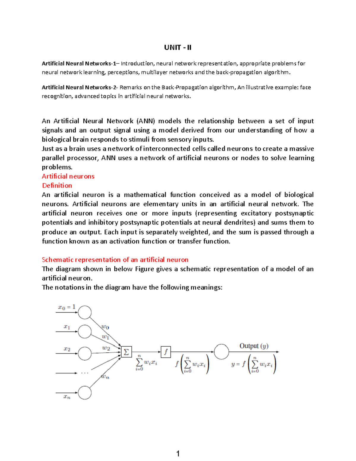 Unit 2 Jntuh Cse R18 Cd Notes Unit Ii Artificial Neural Networks 1 Introduction Neural