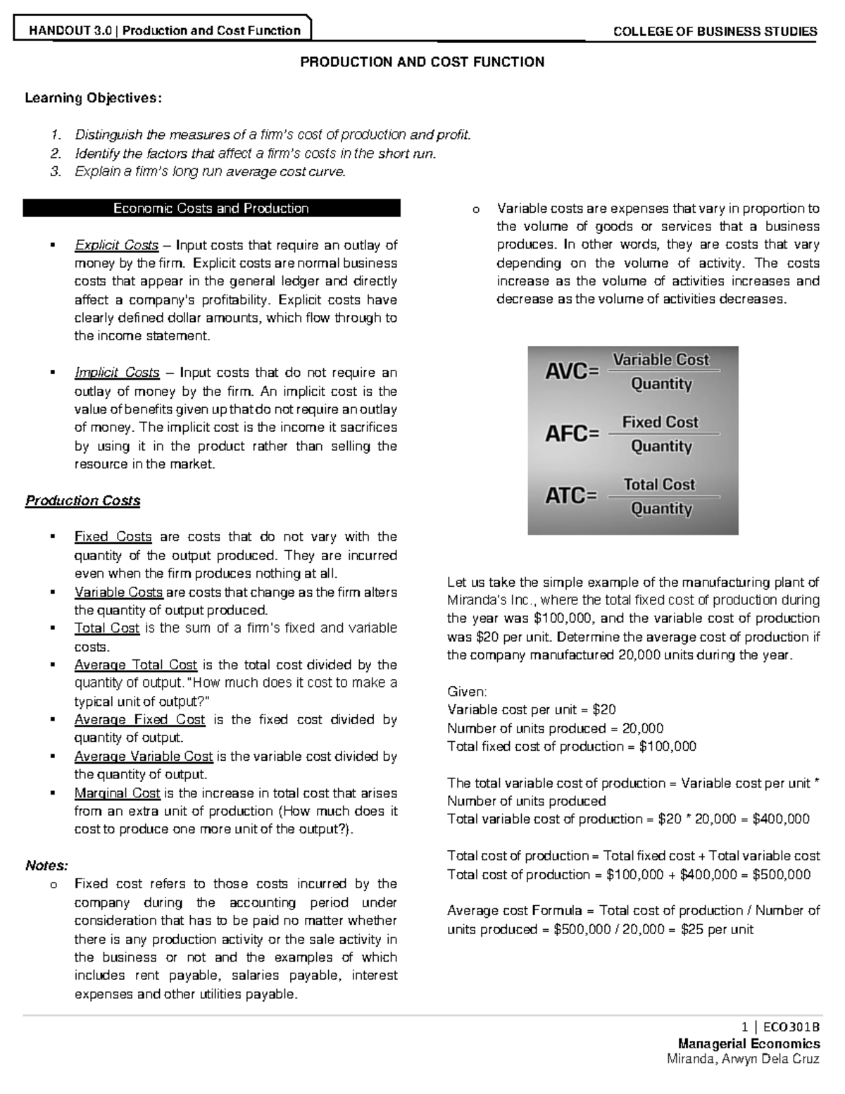 Module 3 Handout 3 - helpful - HANDOUT 3 .0 | Production and Cost ...