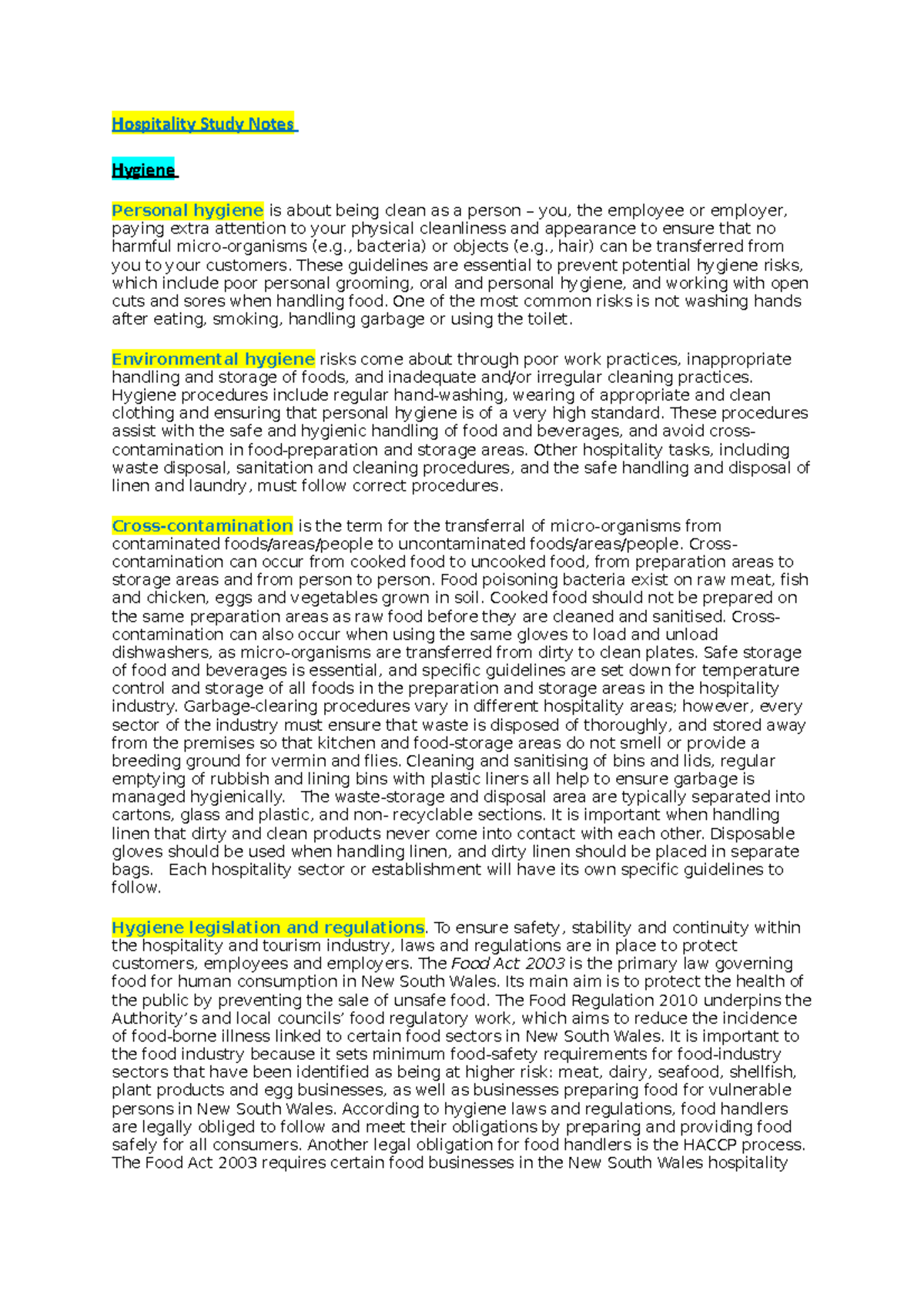 Hospitality study notes - HSC - Hospitality Study Notes Hygiene ...