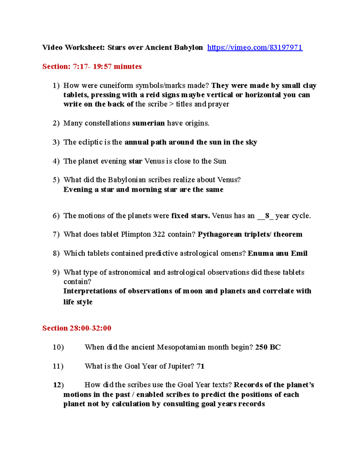 Video Worksheet Stars over ancient Babylon - The ecliptic is the annual ...