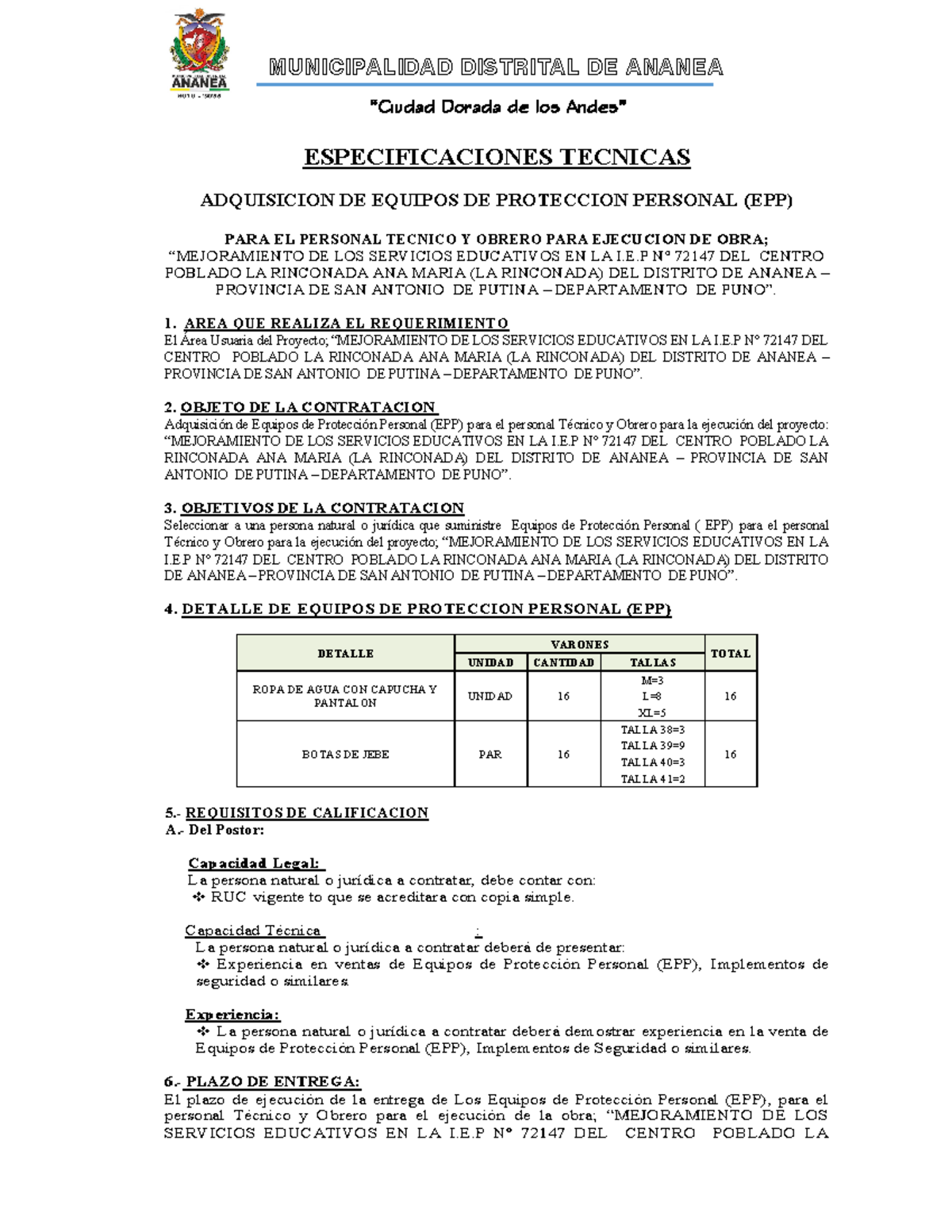 Tdr epps obrero - epps - MUNICIPALIDAD DISTRITAL DE ANANEA “Ciudad Dorada de los Andes” - Studocu