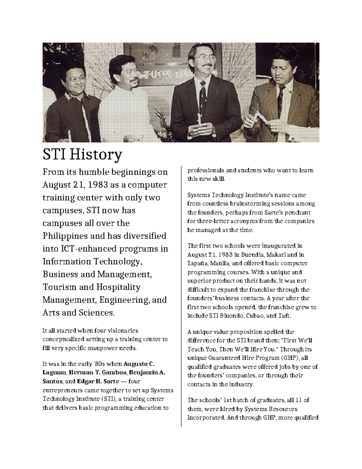 Tan - STI History From its humble beginnings on August 21, 1983 as a ...