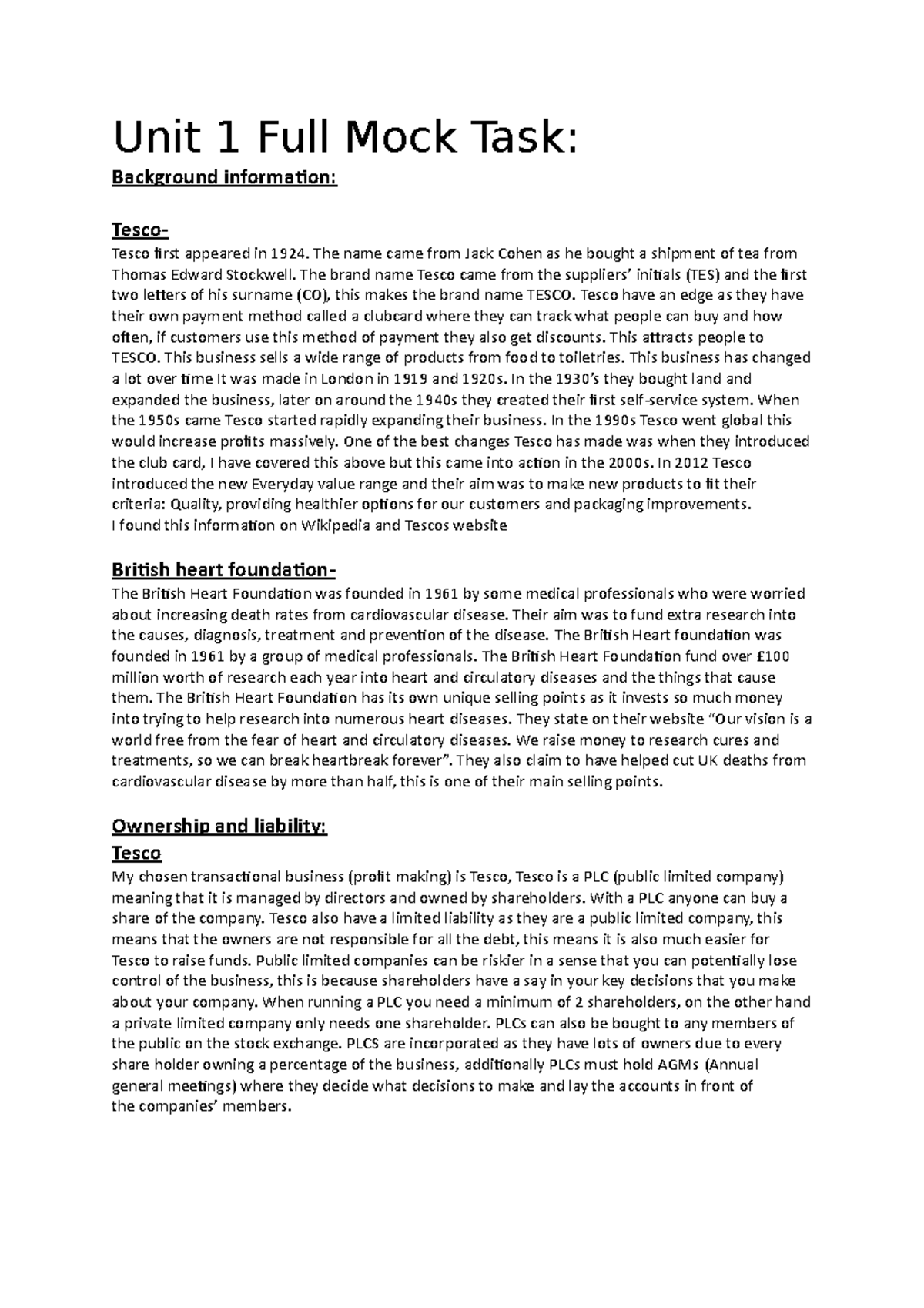 Unit 1 Full Mock Task - Lecture notes 1, 2, 19 - BMAN24121 - Manchester ...
