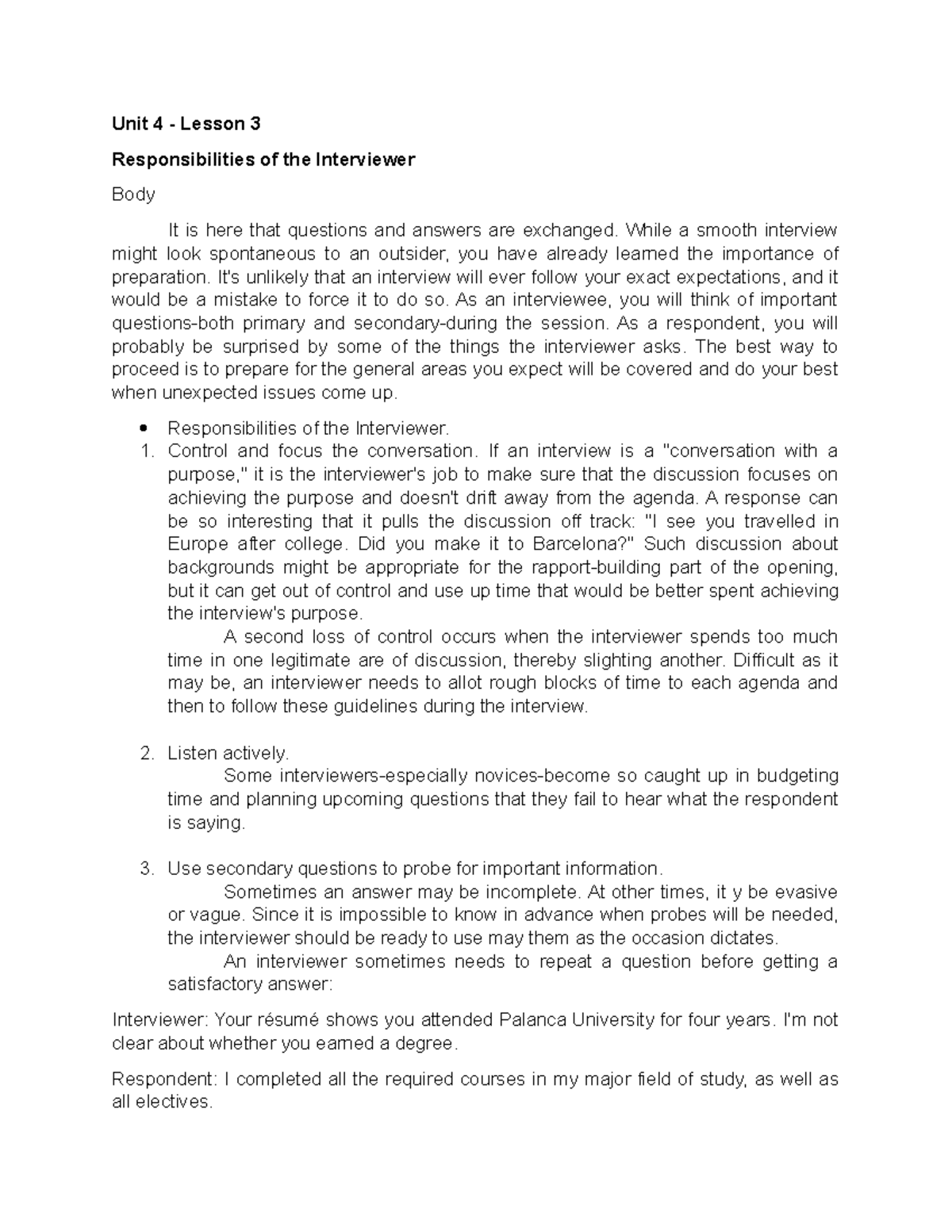 Responsibilities of the Interviewer - Unit 4 - Lesson 3 Responsibilities of the Interviewer Body ...