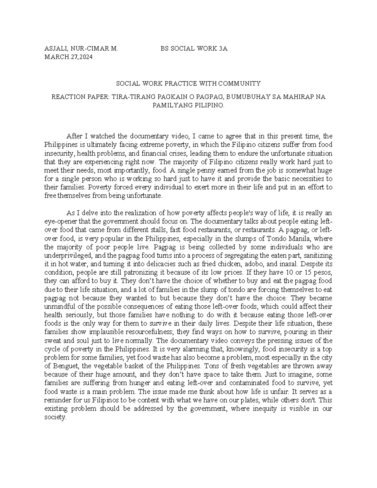 Pagpag Reaction Paper - ASJALI, NUR-CIMAR M. BS SOCIAL WORK 3A MARCH ...
