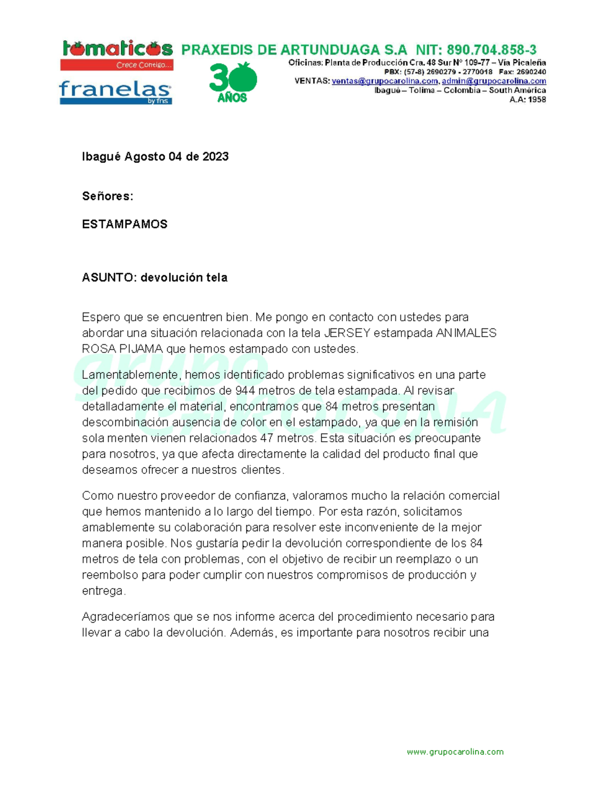 Carta Devolucion - fdgfg - Ibagué Agosto 04 de 2023 Señores: ESTAMPAMOS ...