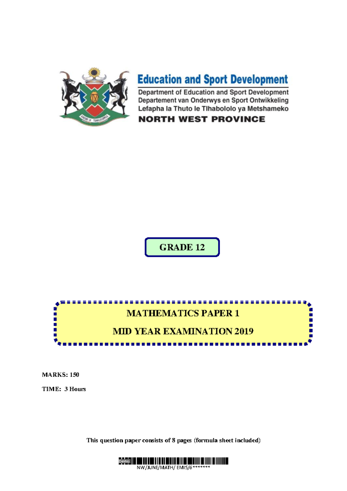 Mathematics-GR-12-Paper-1 - Demo MARKS: 150 TIME: 3 Hours This question ...