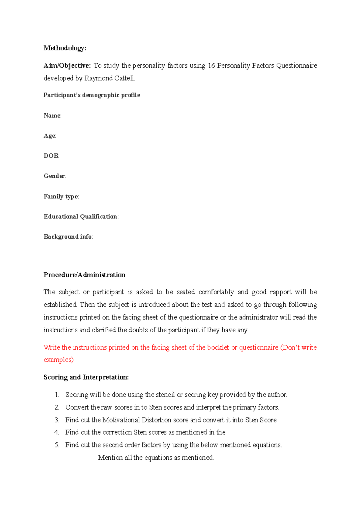 16 PF Methodology - personality assesment - Methodology: Aim/Objective ...