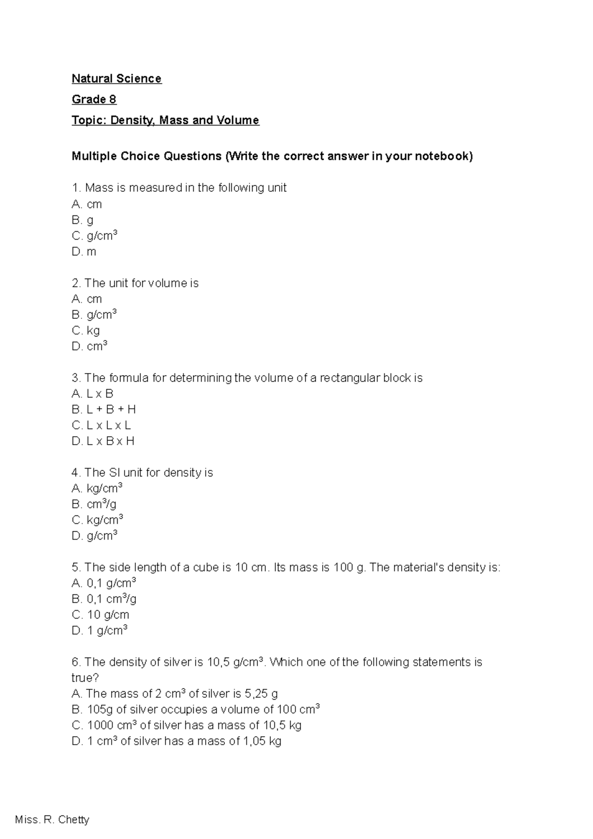 Density Mass And Volume Grade 8 NS Natural Science Grade 8 Topic 