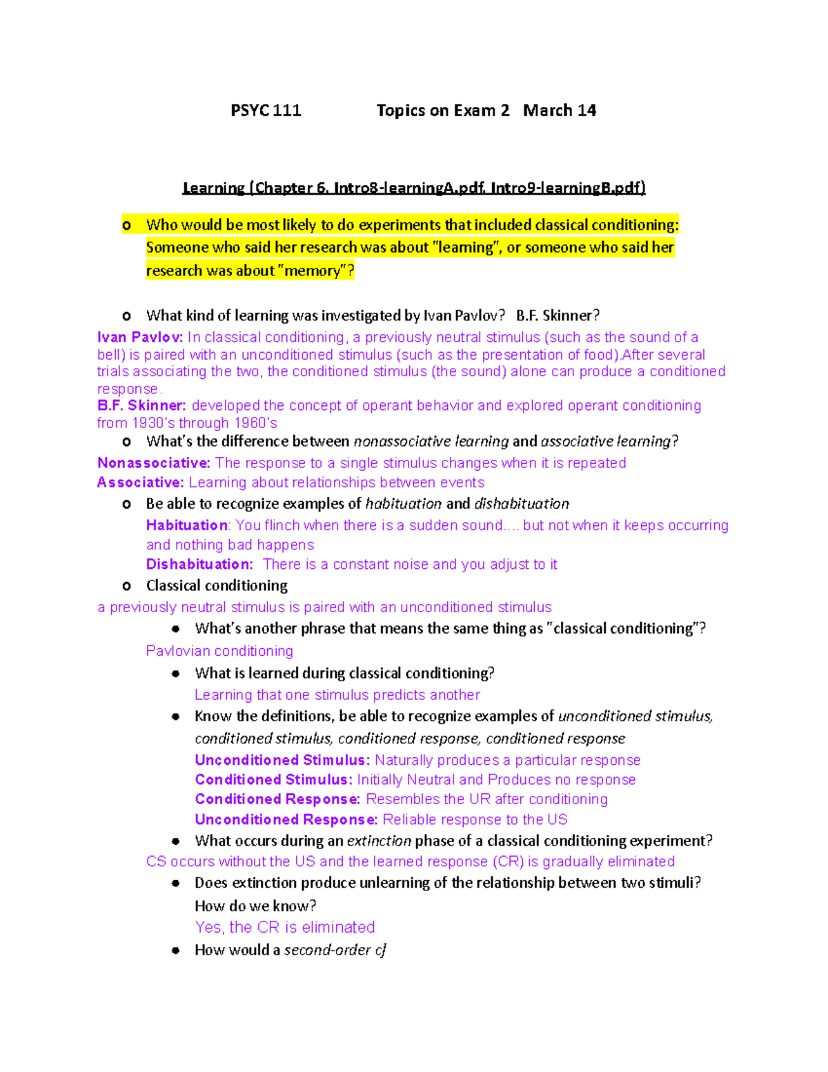 PSYC 111 Review Test 2 - Vanpetten - PSYC 111 Topics on Exam 2 March 14 ...