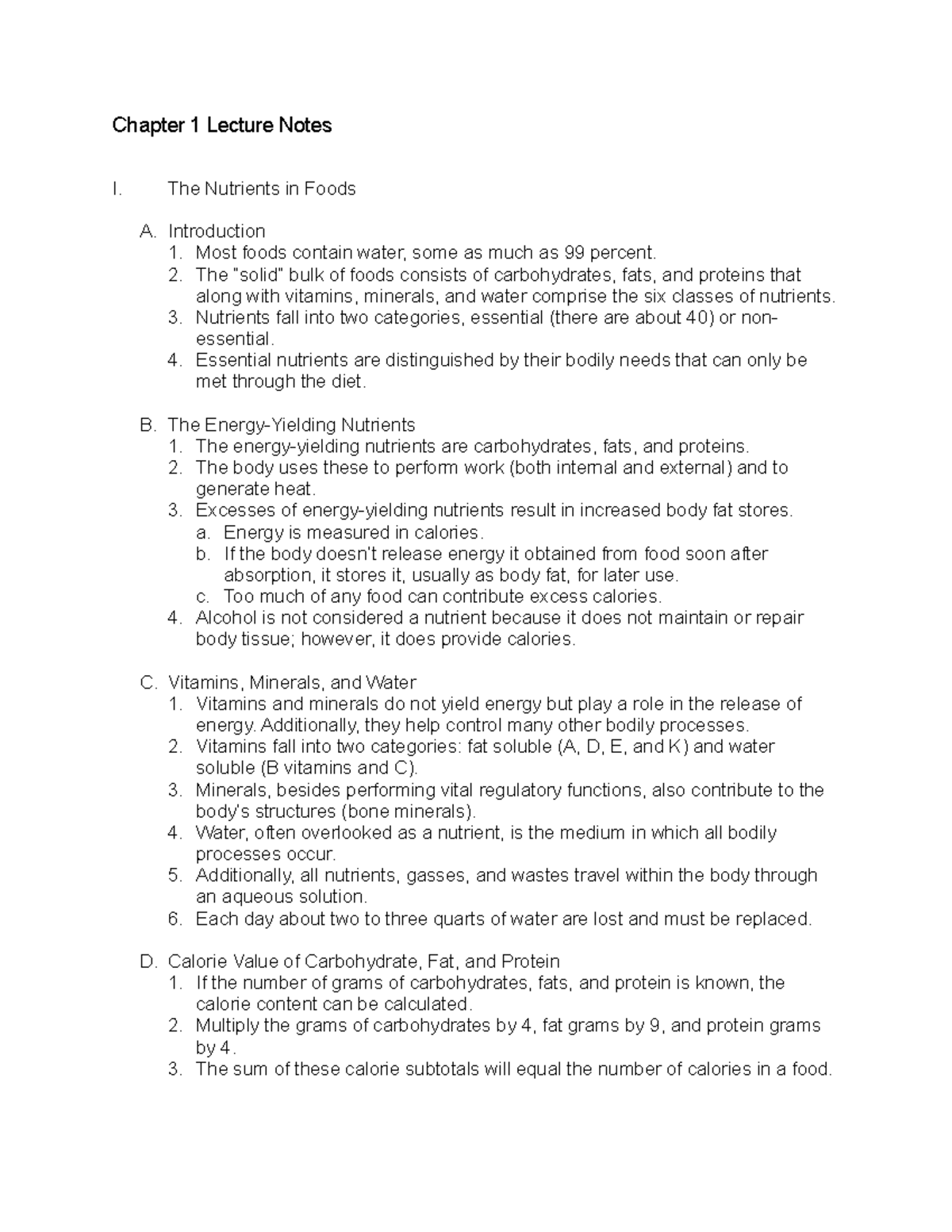 Ch1 lecture notes - Chapter 1 Lecture Notes I. The Nutrients in Foods A ...