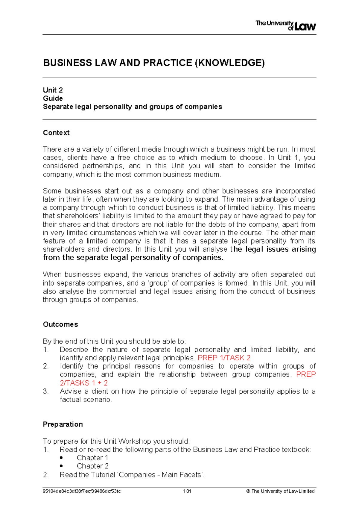 Ws 2 guide- separate legal personality - BUSINESS LAW AND PRACTICE ...