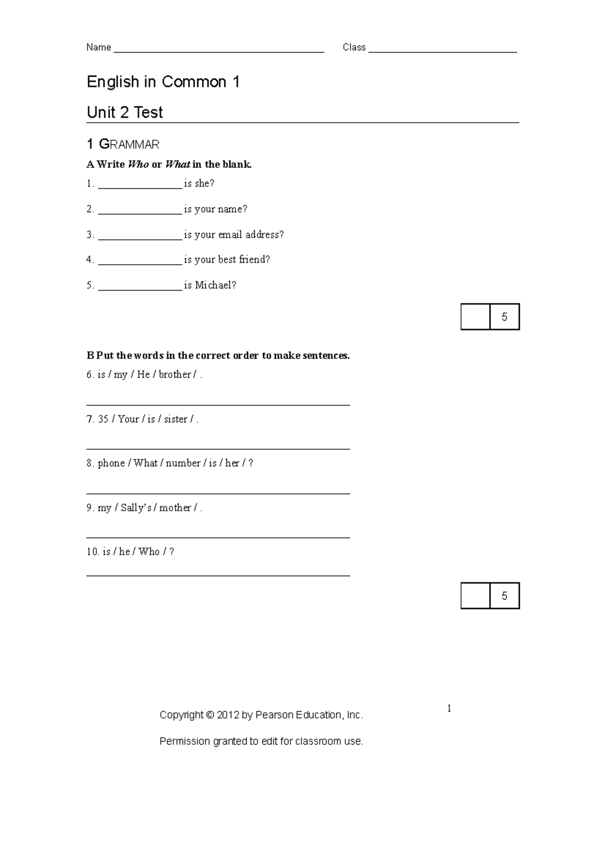 English In Common 1 Test Unit 1 for Editing - Name