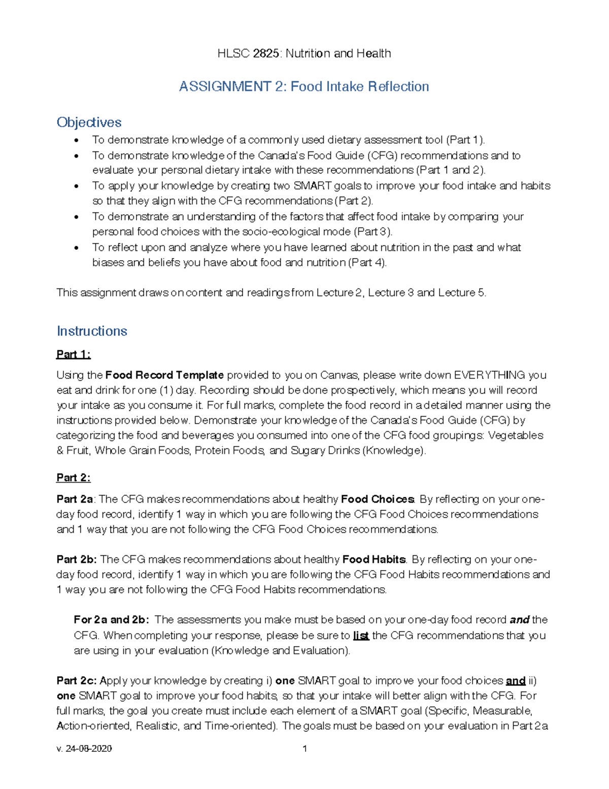 Food Intake Reflection Assignment 2020 Final-2 - HLSC 2825 : Nutrition ...