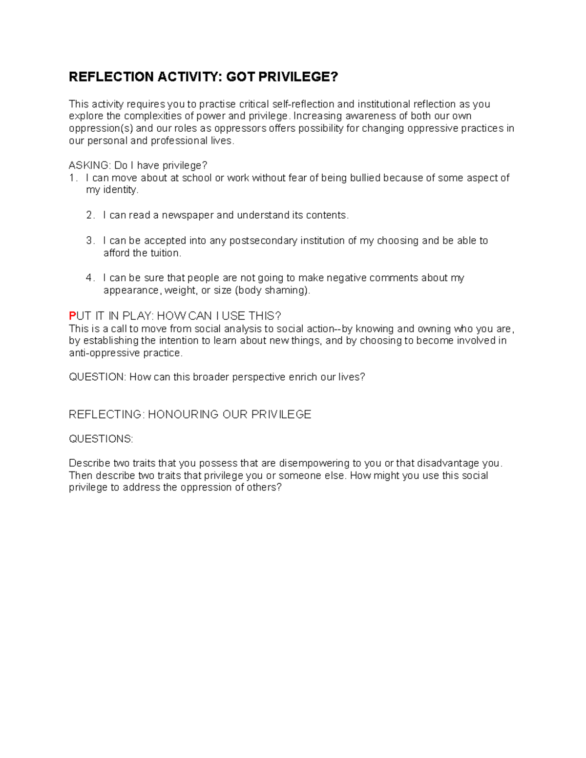 Activity Got Privilege - REFLECTION ACTIVITY: GOT PRIVILEGE? This ...