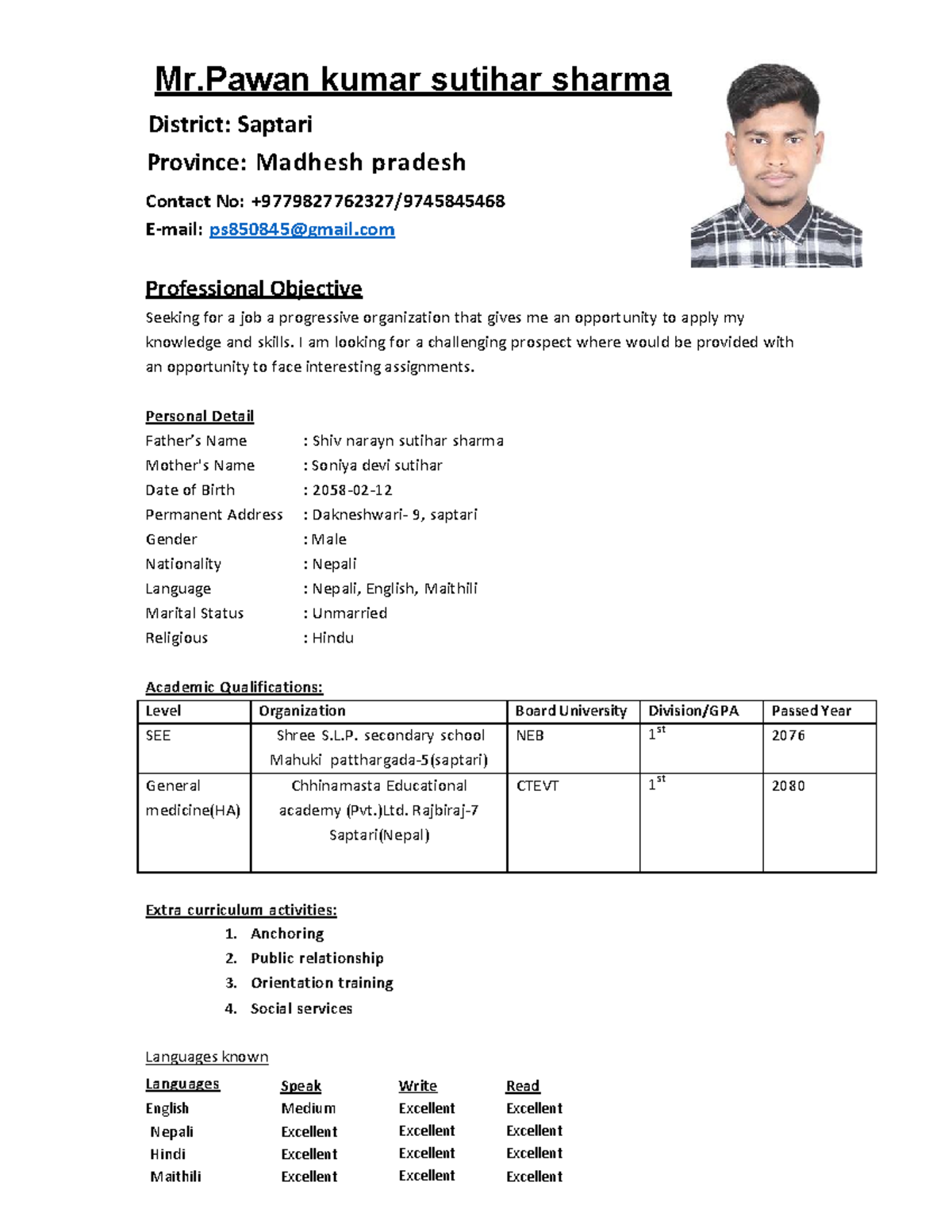 Pawan Kumar sharma - simple lecture - Mr kumar sutihar sharma District: Saptari Contact No ...