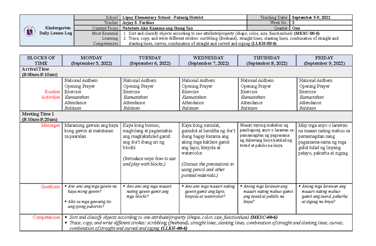 Kindergarten-DLL-MELC-Q1-Week 3 asf - Kindergarten Daily Lesson Log ...
