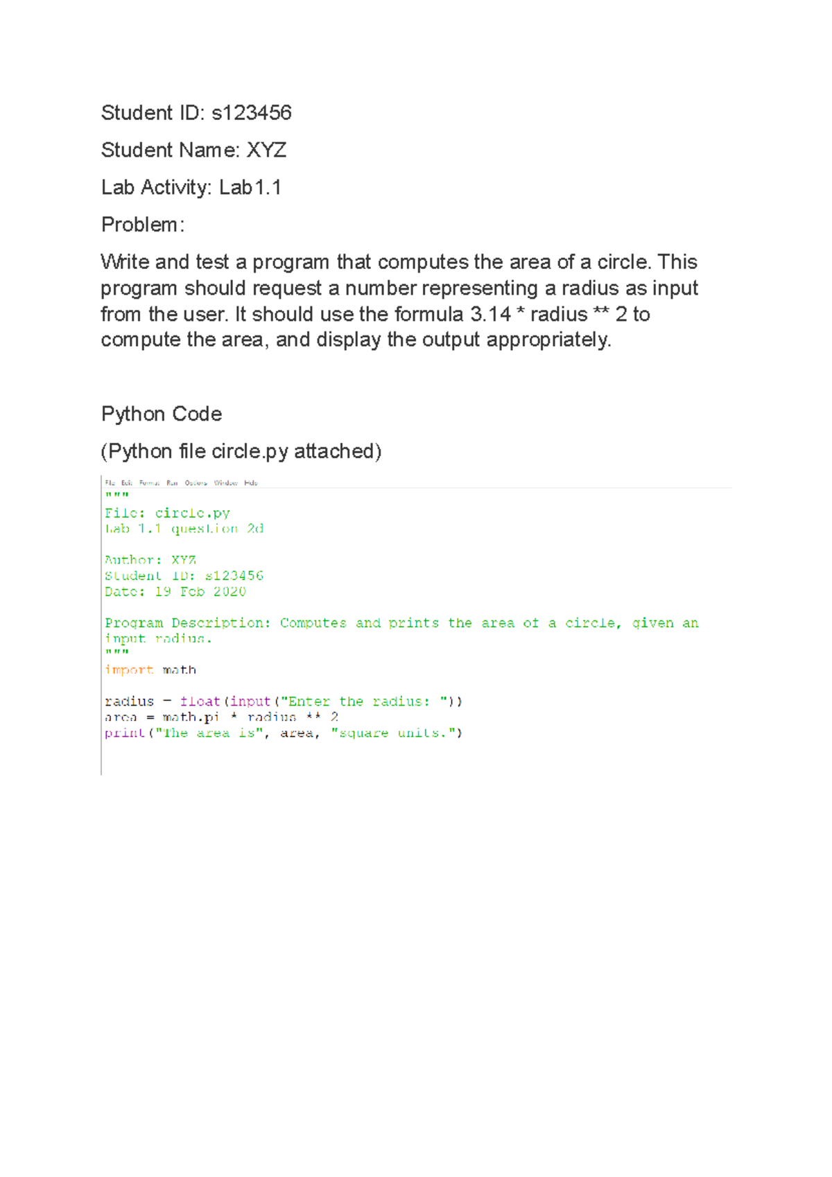 Lab sample Submission - Student ID: s Student Name: XYZ Lab Activity ...