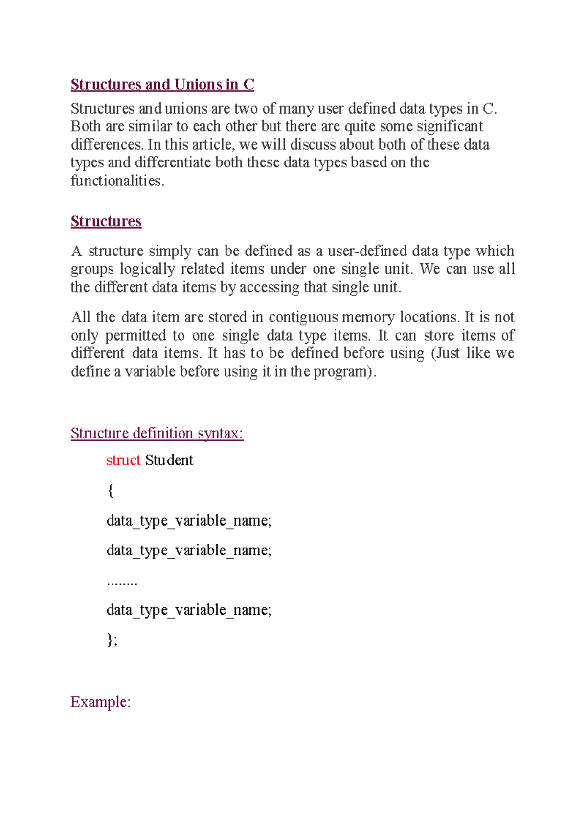 Structure&Union - Programind c - Structures and Unions in C Structures and unions are two of ...