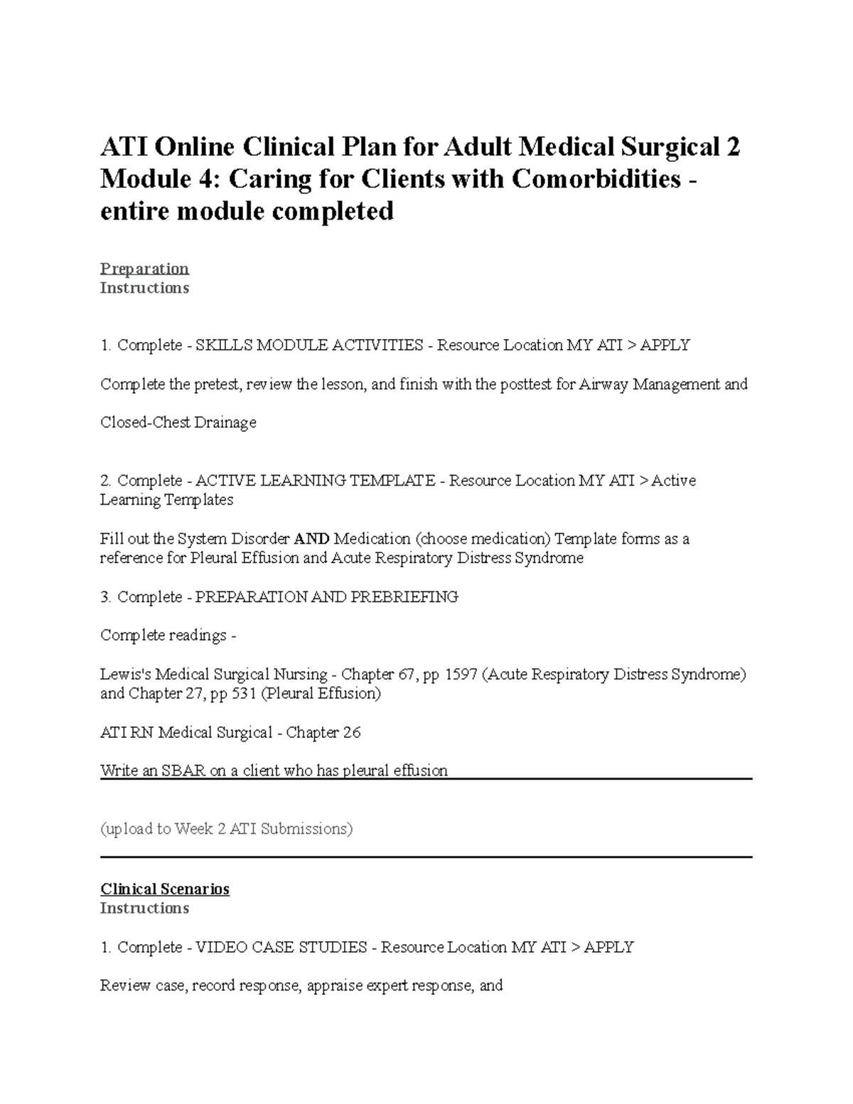 Senior Synthesis ATI Online Clinical Plan. Med Surg Module 4 Revised ...