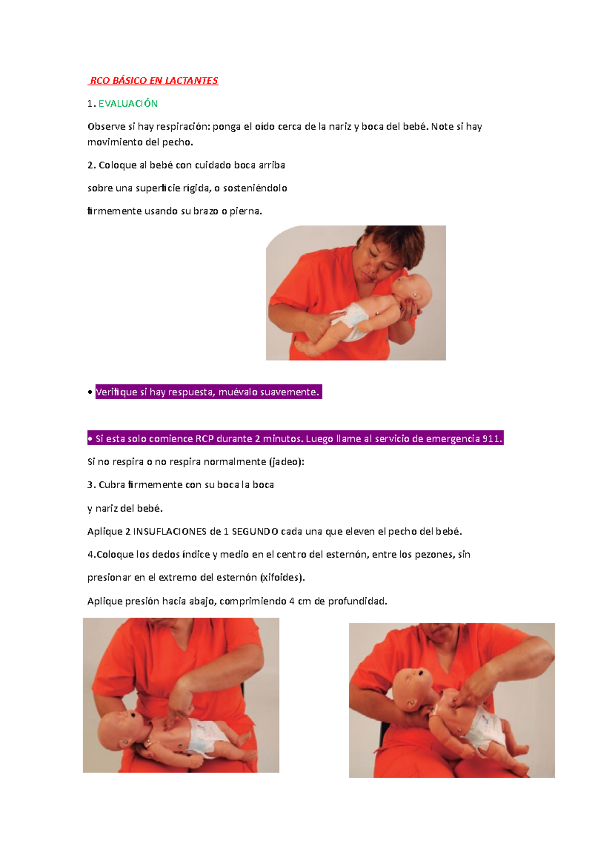 Bioquímica rcp - RCP - RCO BÁSICO EN LACTANTES 1. EVALUACIÓN Observe si ...