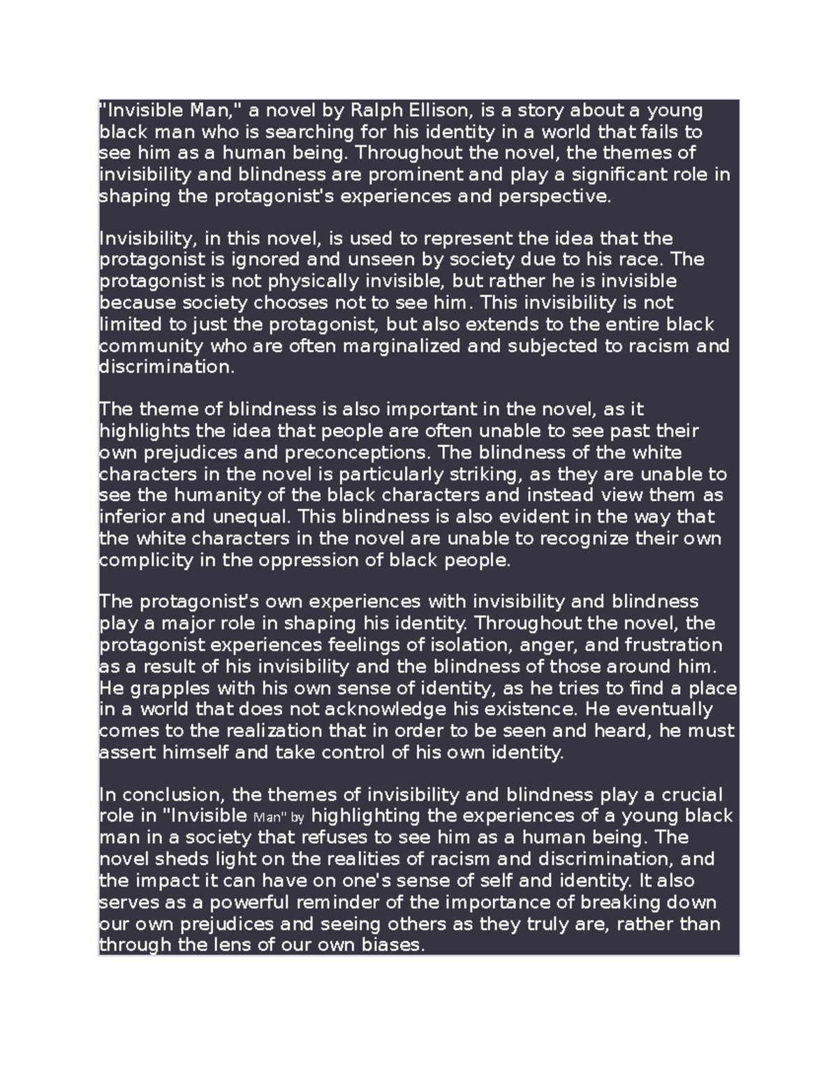 Invisible Man Essay draft - "Invisible Man," a novel by Ralph Ellison ...