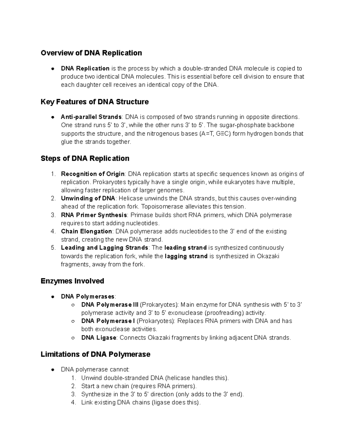 Genetics Molecular Notes UTD - Overview of DNA Replication DNA ...