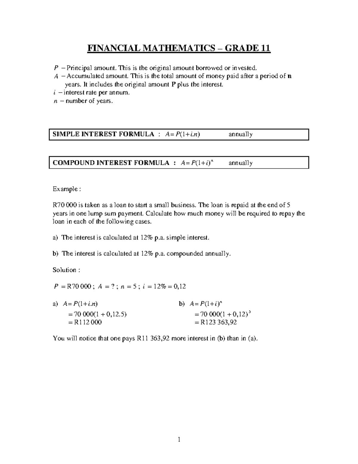 Financial Mathematics notes - FINANCIAL MATHEMATICS – GRADE 11 P ...