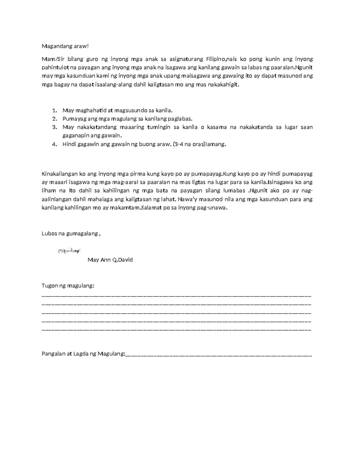 Letter-to-parents - ASSIGNMENT AND LECTURE NOTES - Magandang araw! Mam ...
