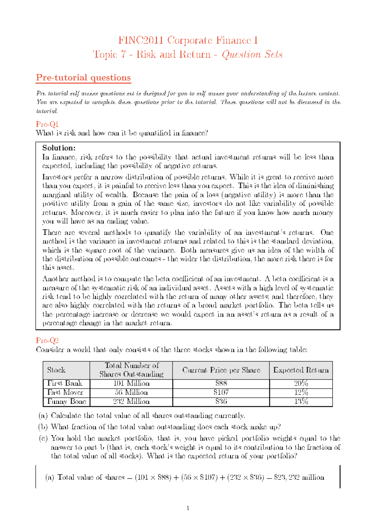 Topic 7 Risk and Return - Tut questions - FINC 2011 Corporate Finance I ...