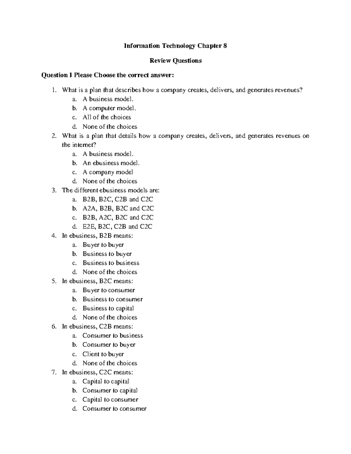 IT Economics Ch8 Rev Questions - Information Technology Chapter 8 Review Questions Question I ...