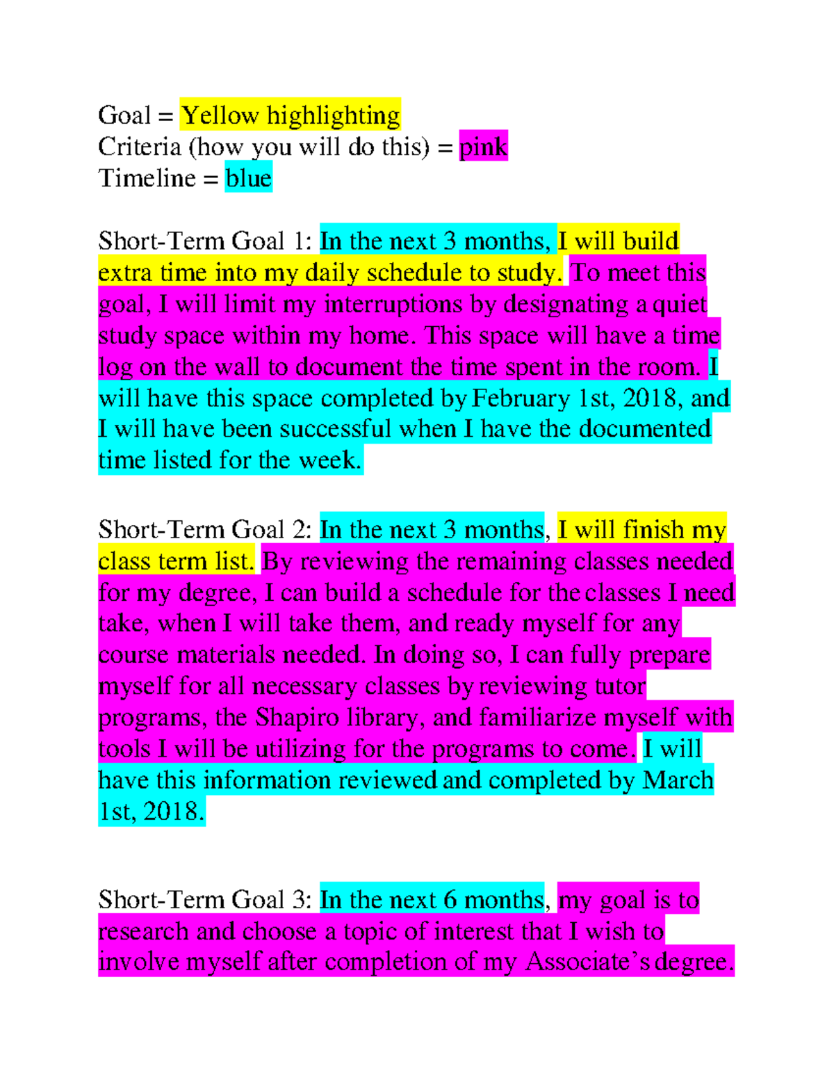 Goal Example - for reference. - Goal = Yellow highlighting Criteria ...