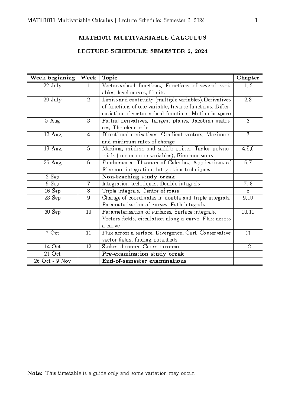 1011 - Schedule - MATH1011 Multivariable Calculus | Lecture Schedule ...