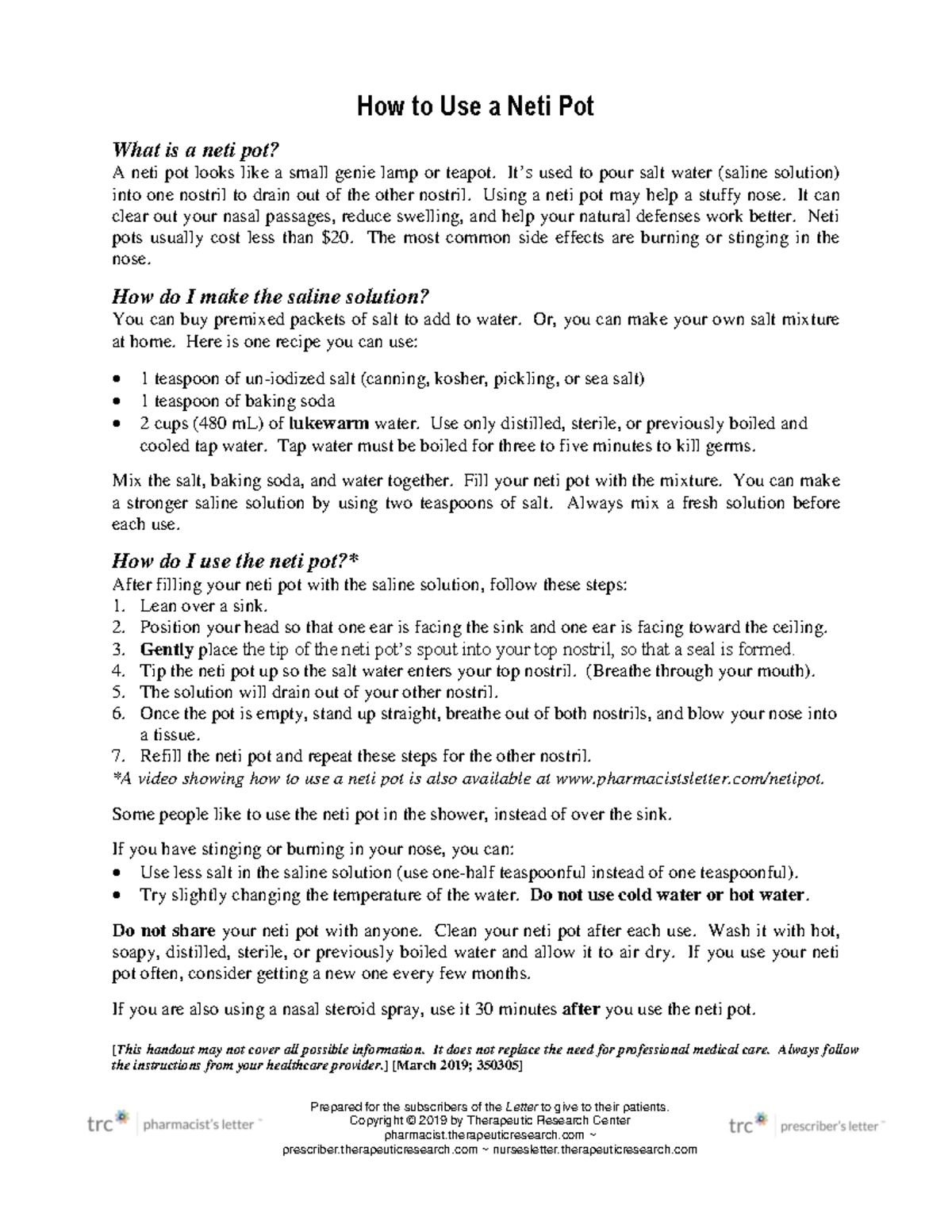 Pharmacist's letter - How to use a Neti pot - Prepared for the ...