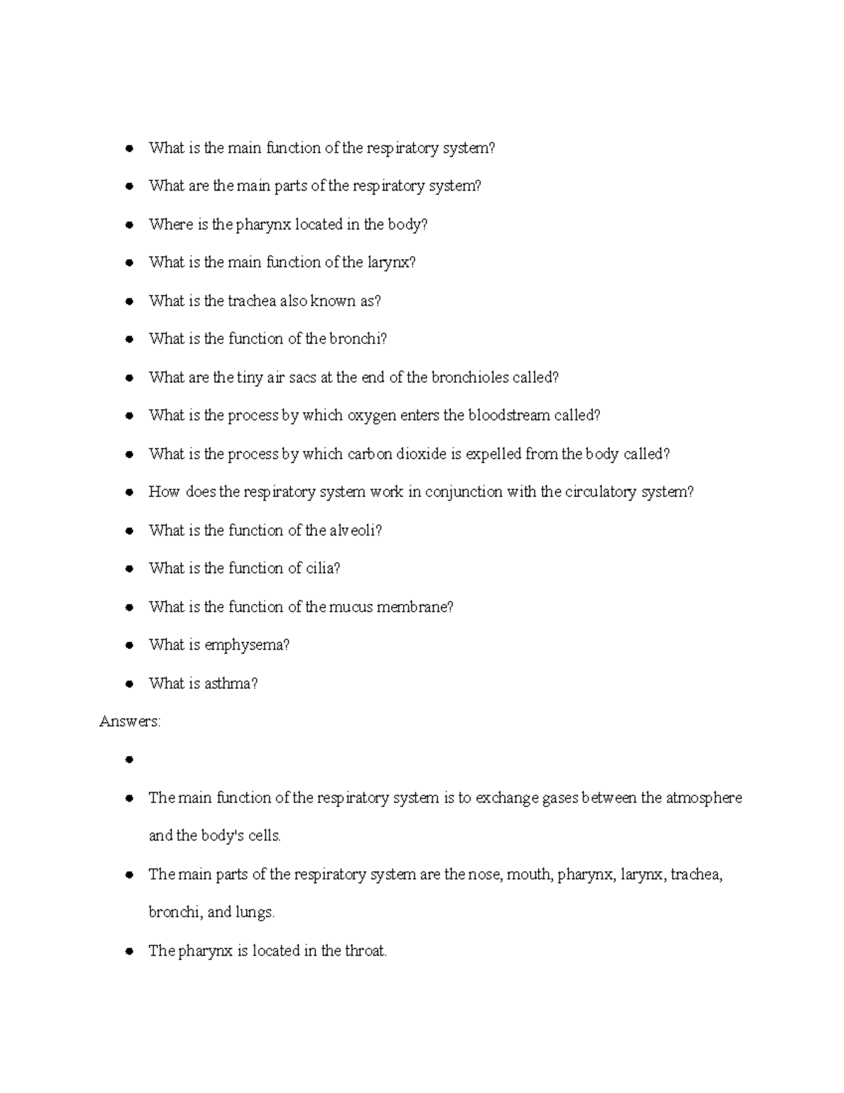 Quiz on the respiratory system - What is the main function of the ...