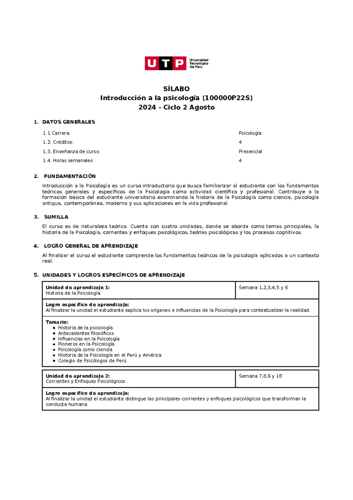 Silabo Introduccion ALa Psicologia - SÍLABO Introducción a la ...