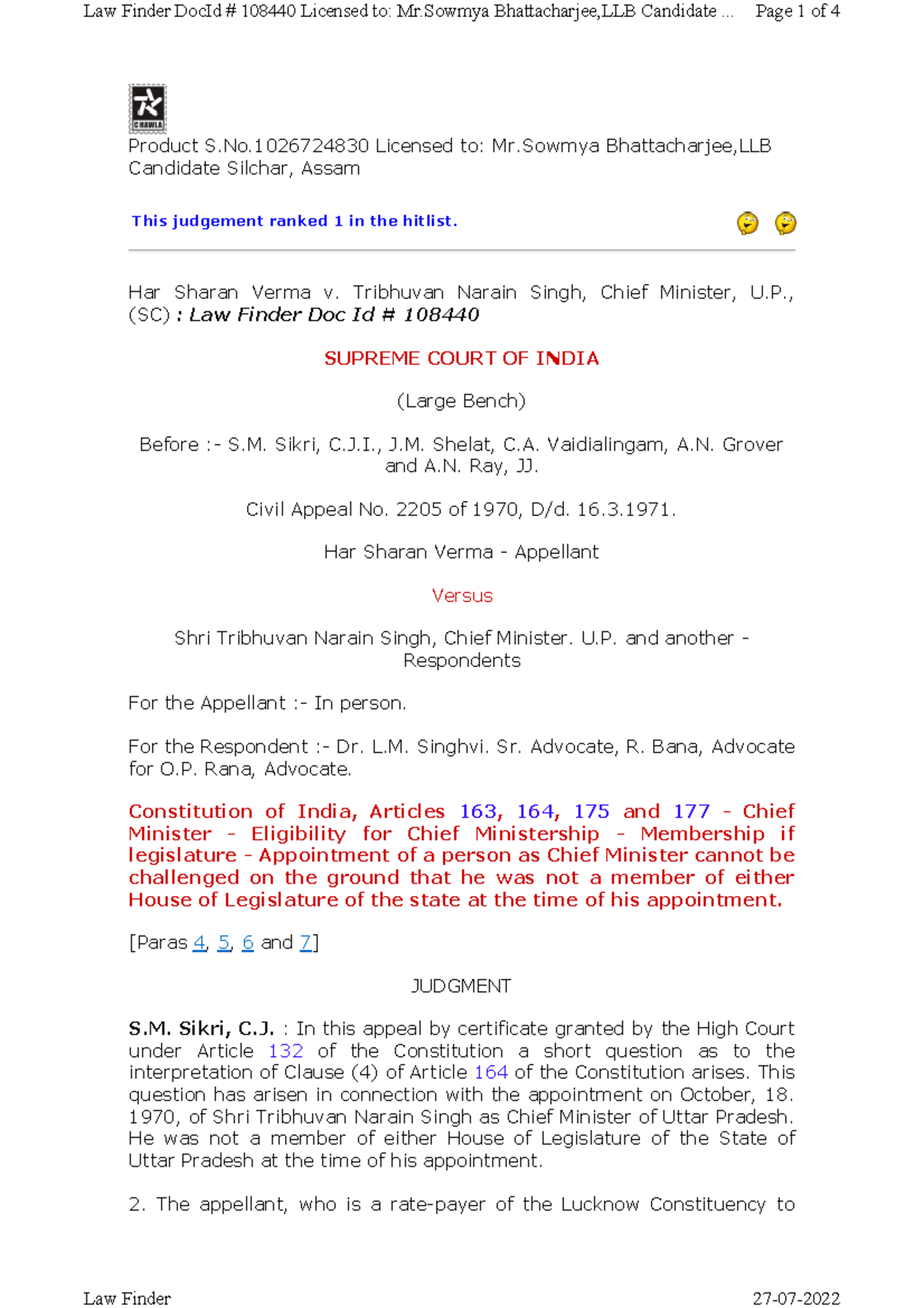 14. Har Sharan Verma v. Tribhuvan Narain Singh, Chief Minister, U.P ...