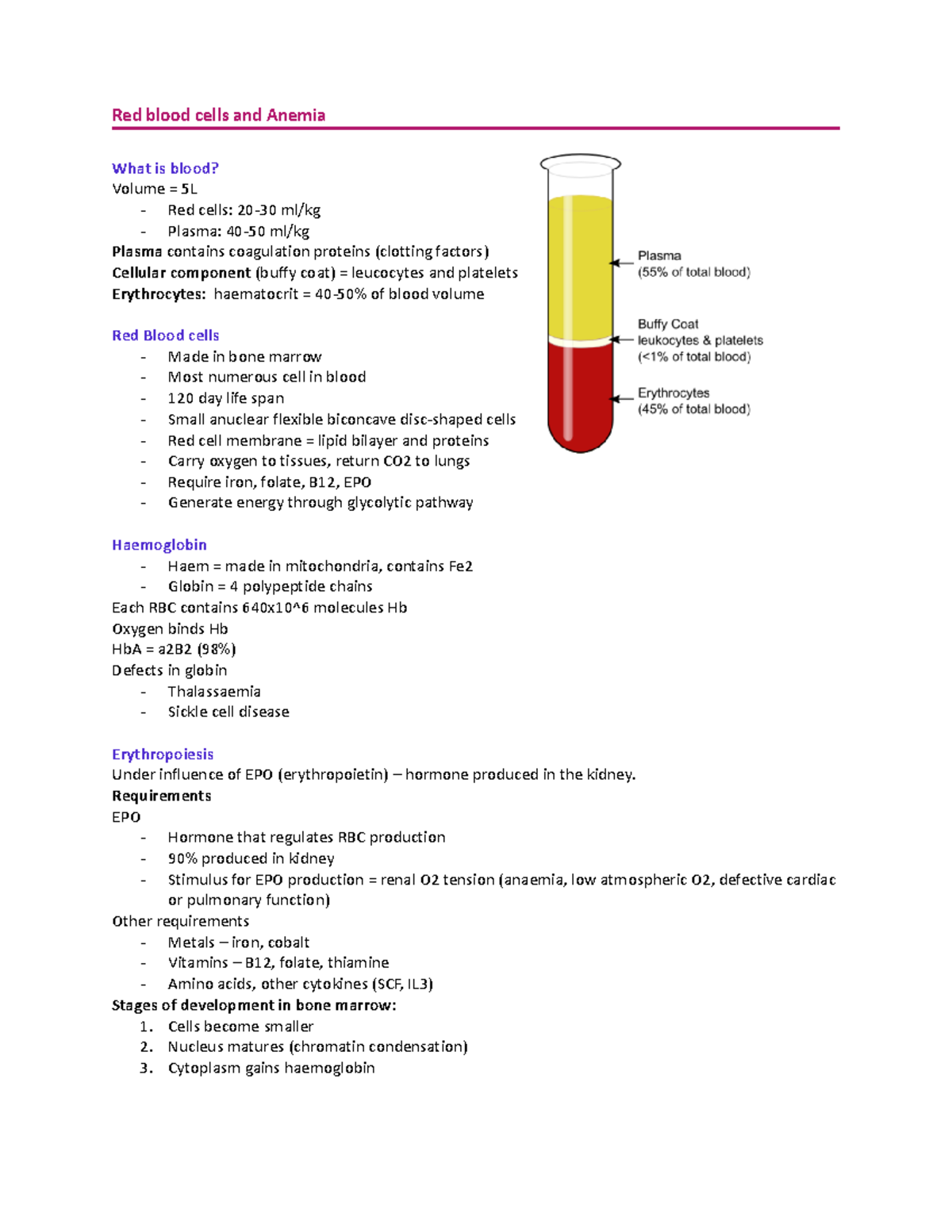 WEEK 2 Red blood cells and Anemia - Red blood cells and Anemia What is ...