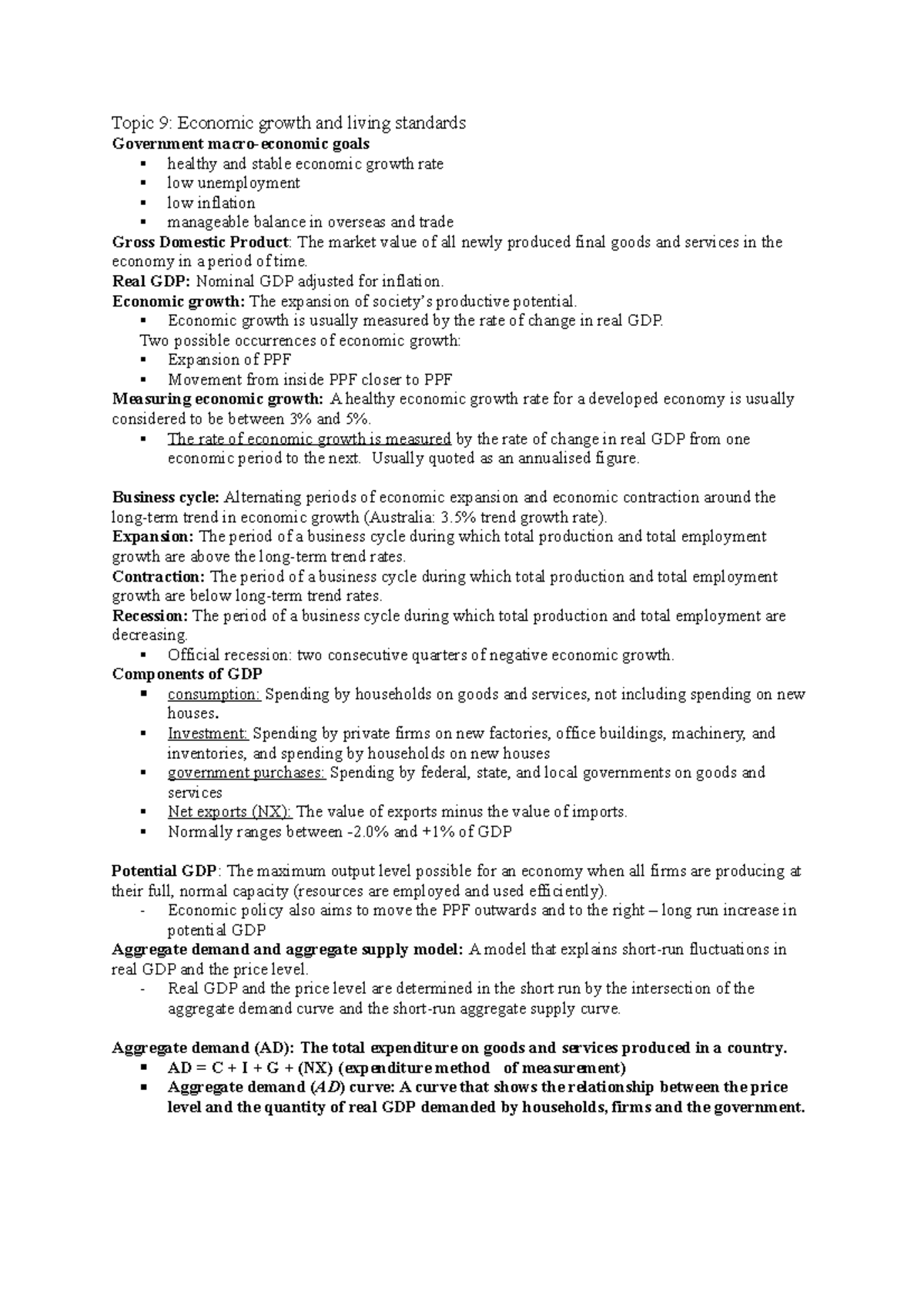 Topic 9 economic - notes - BUS171 - Murdoch - Studocu