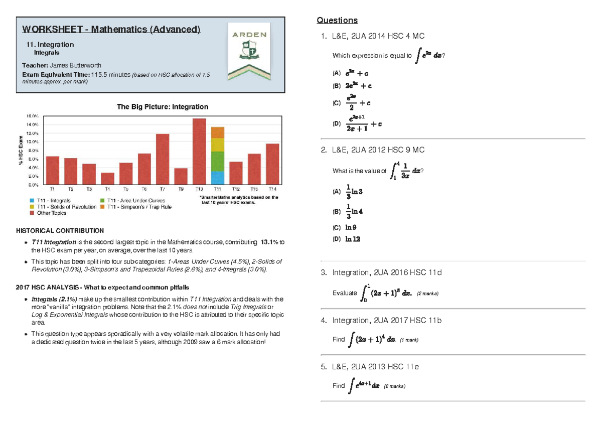 2019 MA Integration Integrals Worksheet HSC Questions w solutions ...