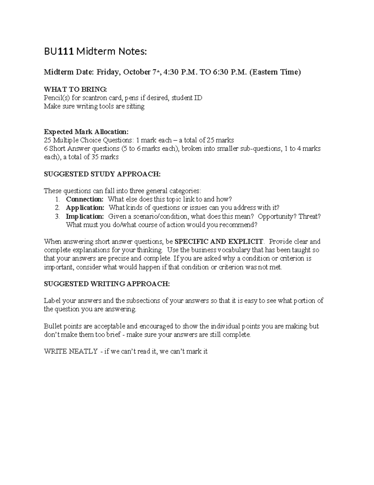 BU111 Midterm Notes - Practice material - BU111 Midterm Notes: Midterm ...