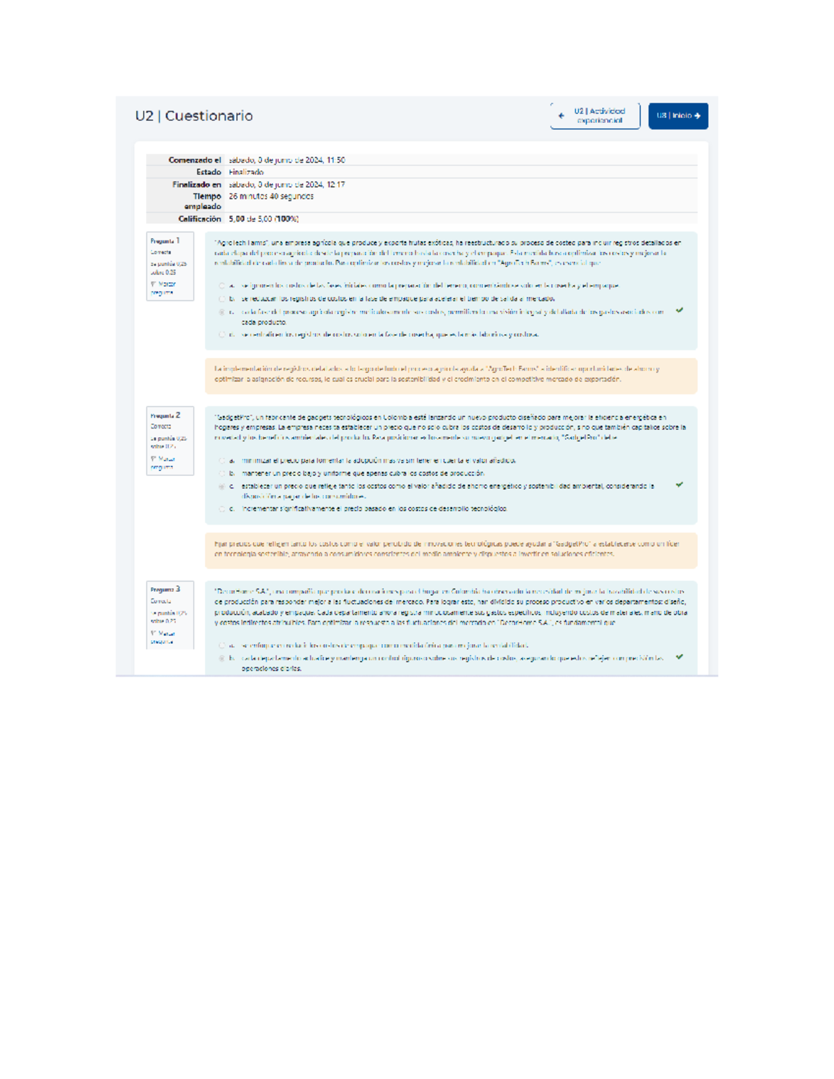 Costos 1- Cuestionario 2 - U2 Cuestionario U2 Actividad U3 Inicio experiencial Comenzado el ...