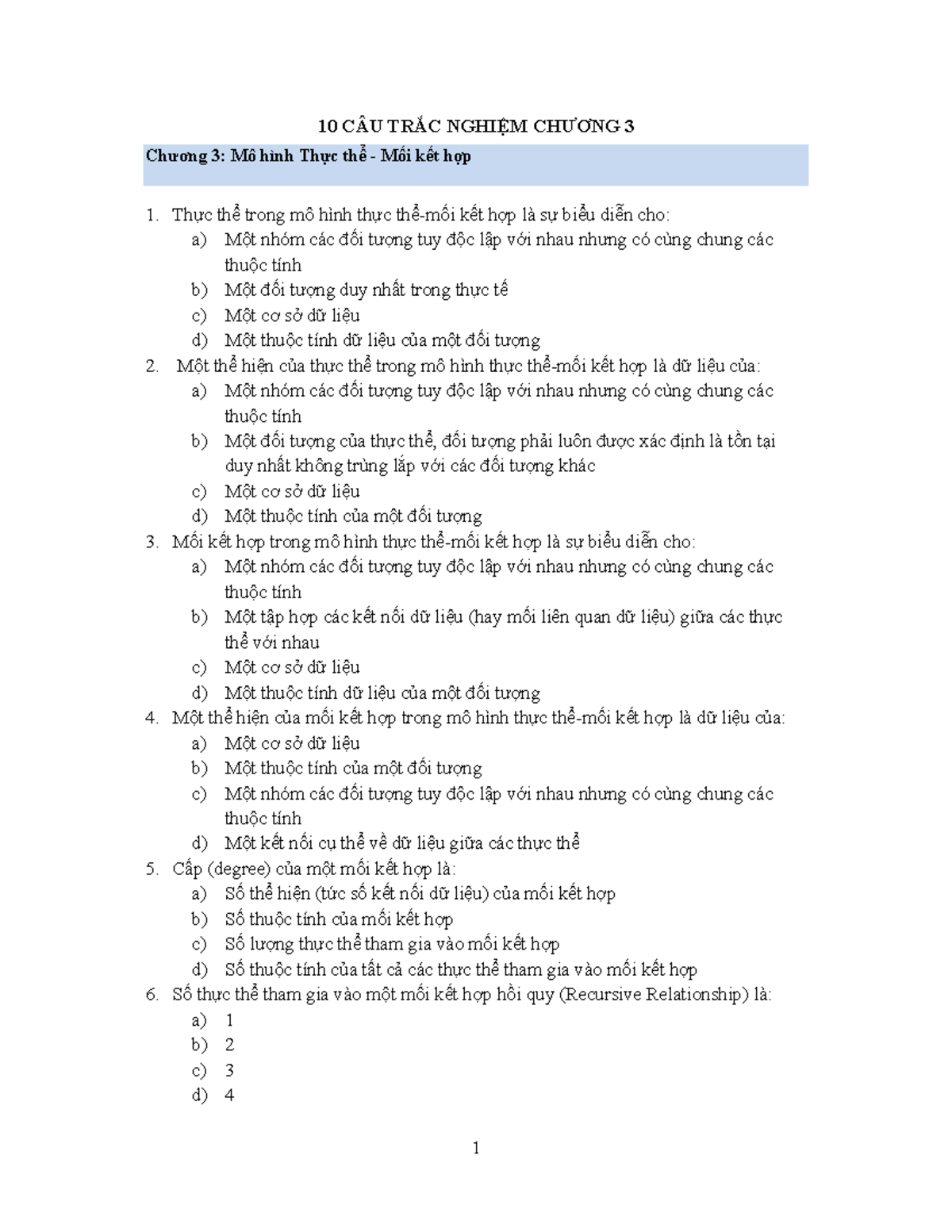 10Cau Trac Nghiem Ch 3 - jjjjjj - 1 10 CÂU TRẮC NGHIỆM CH ̄¡NG 3 Ch°¢ng ...