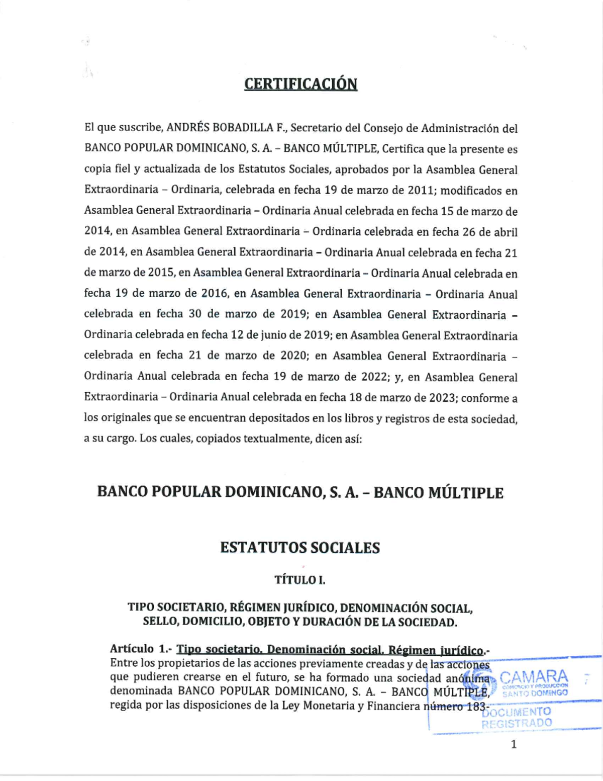 Estatutos Banco Popular Registrados 2023 - Administración Financiera ...