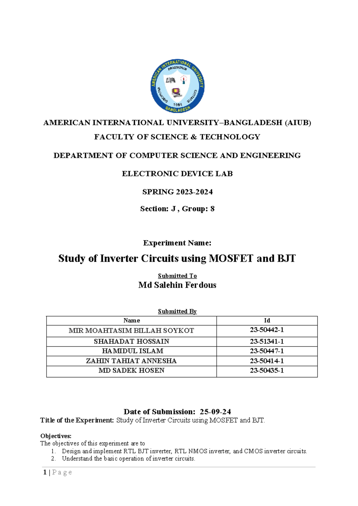 ED Lab Experiment Manual 10 - 1 | P a g e AMERICAN INTERNATIONAL UNIVERSITY–BANGLADESH (AIUB ...