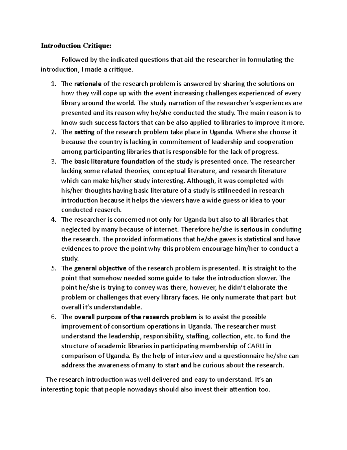 Introduction Critique - Introduction Critique: Followed by the ...