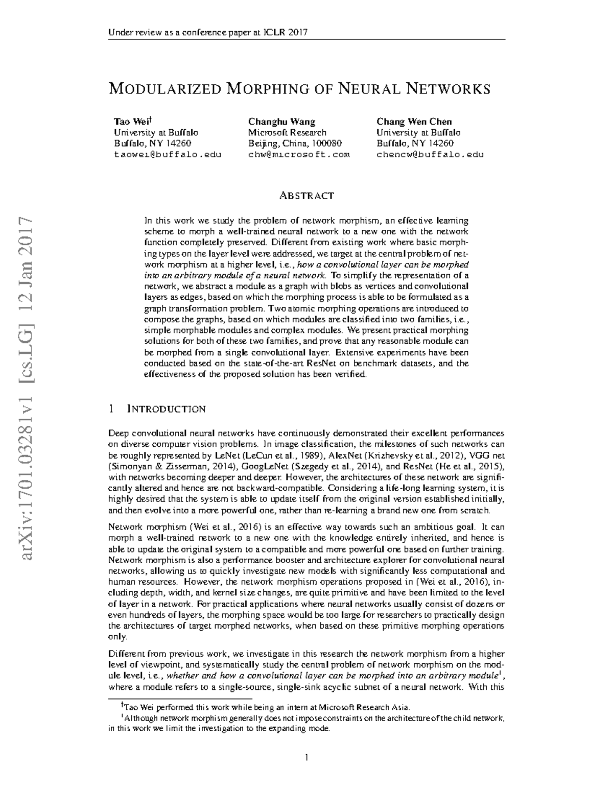 Modularized Morphing OF Neural Networks - MODULARIZEDMORPHING OFNEURALNETWORKS Tao Wei ...