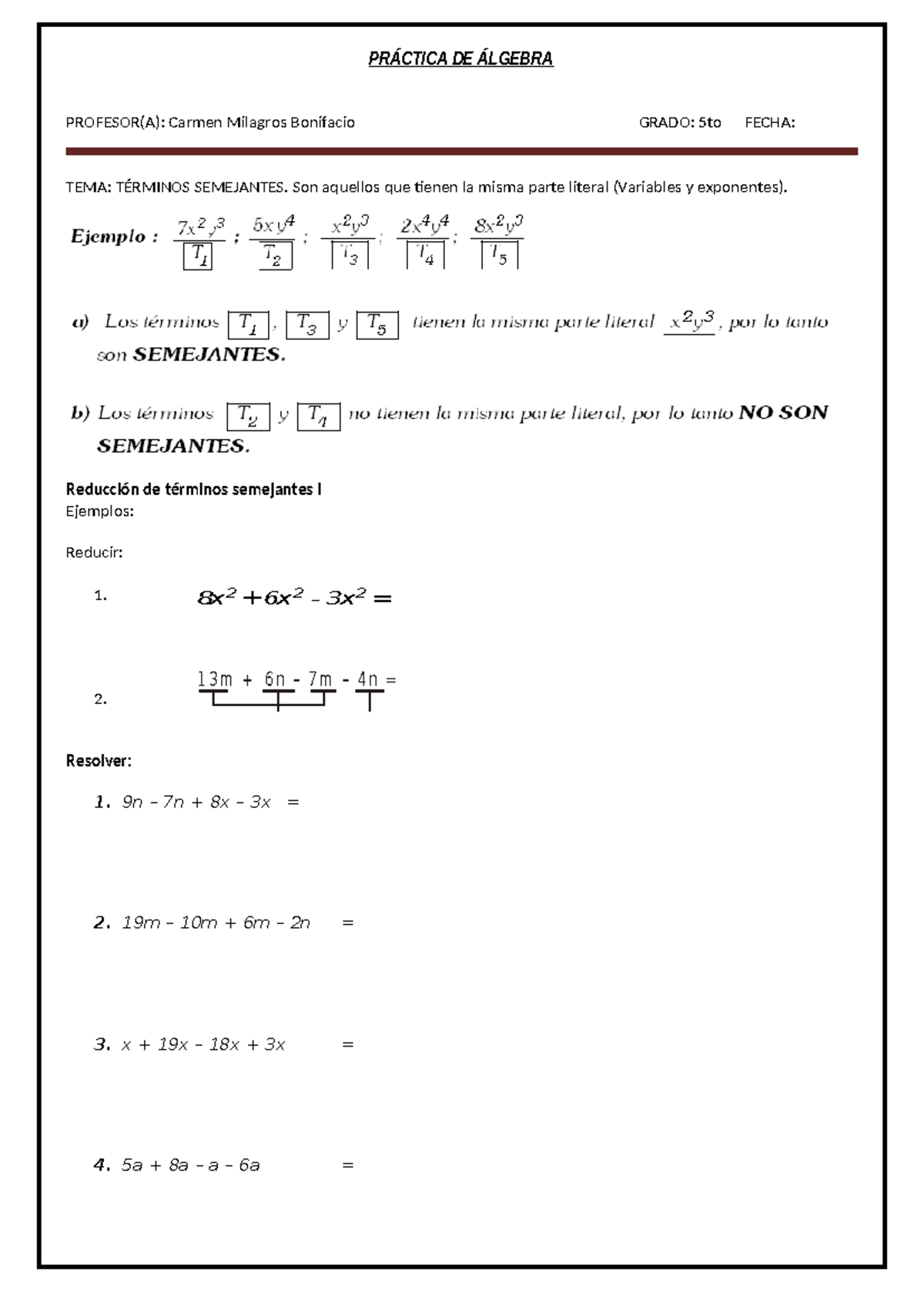 Clase virtual 5to grado 17 1 - PRÁCTICA DE ÁLGEBRA PROFESOR(A): Carmen ...