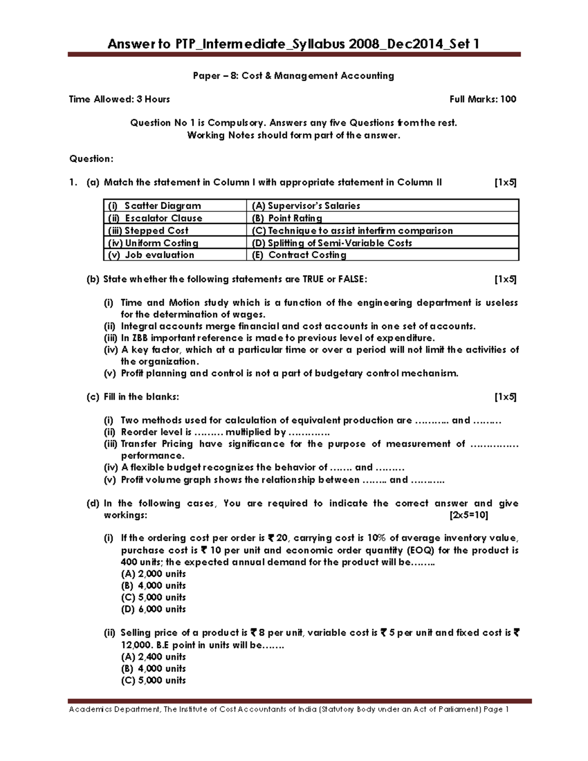 Paper 8-Solution - Solution - Paper – 8: Cost & Management Accounting ...
